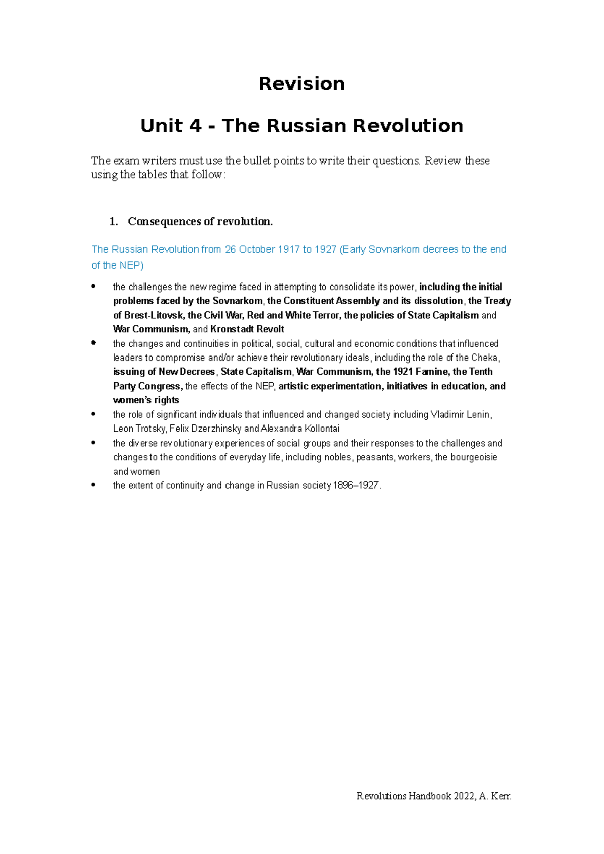 VCE Revolutions: Unit 4 - The Russian Revolution Bullet Points Guide ...