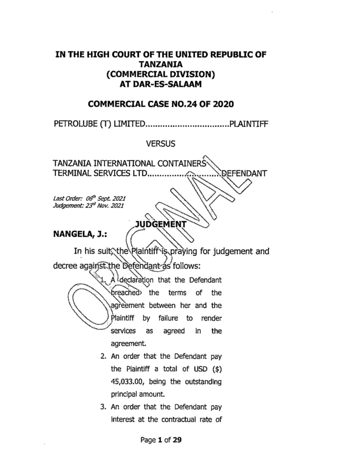 Petrolube T Ltd vs TICTS: Judgement in Commercial Case No. 24/2020 ...