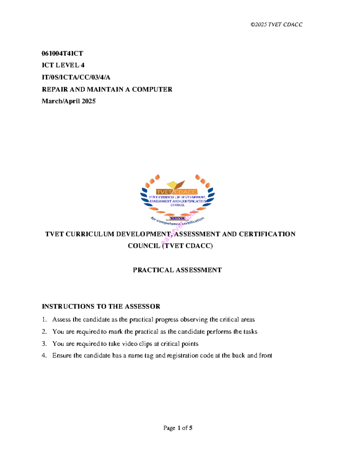 TVET CDACC 061004T4ICT ICT Level 4 Computer Repair Assessor Guide - Studocu