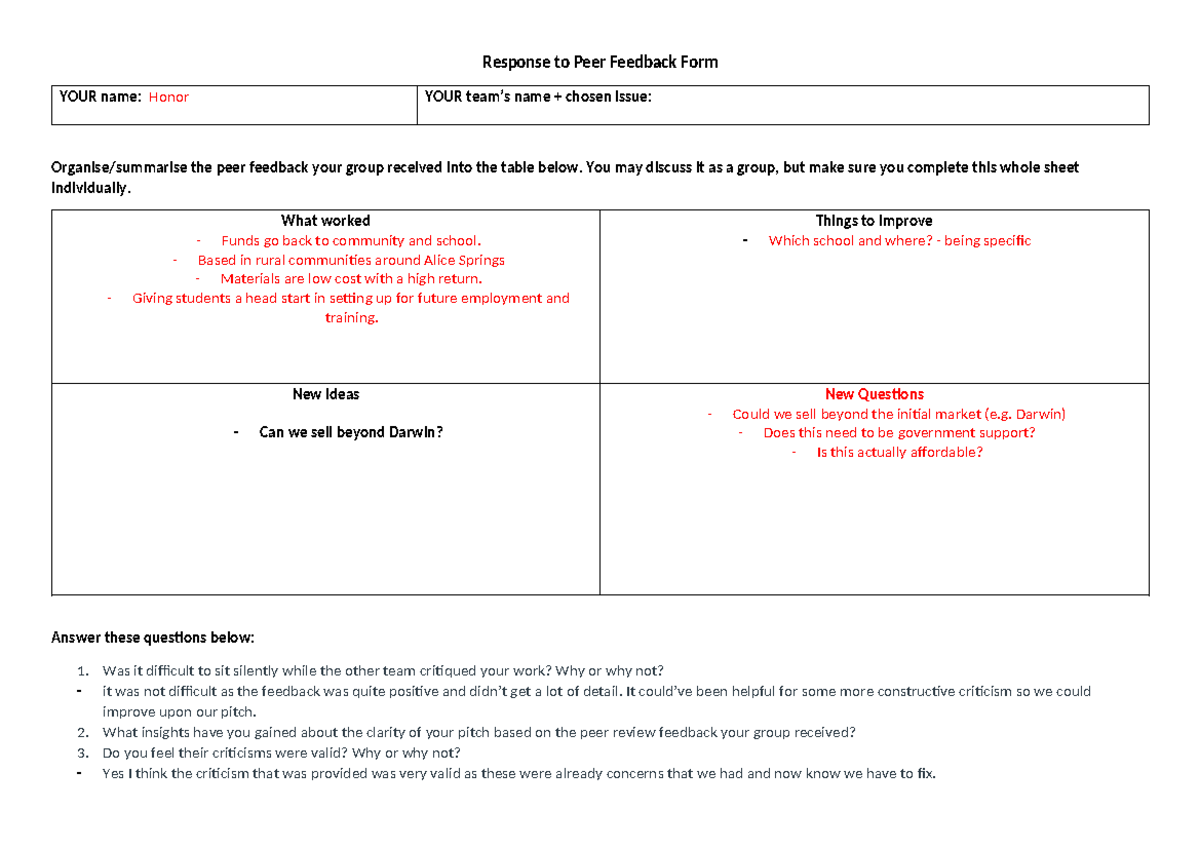 Response to Peer Feedback Form - Integrated Analysis - Studocu