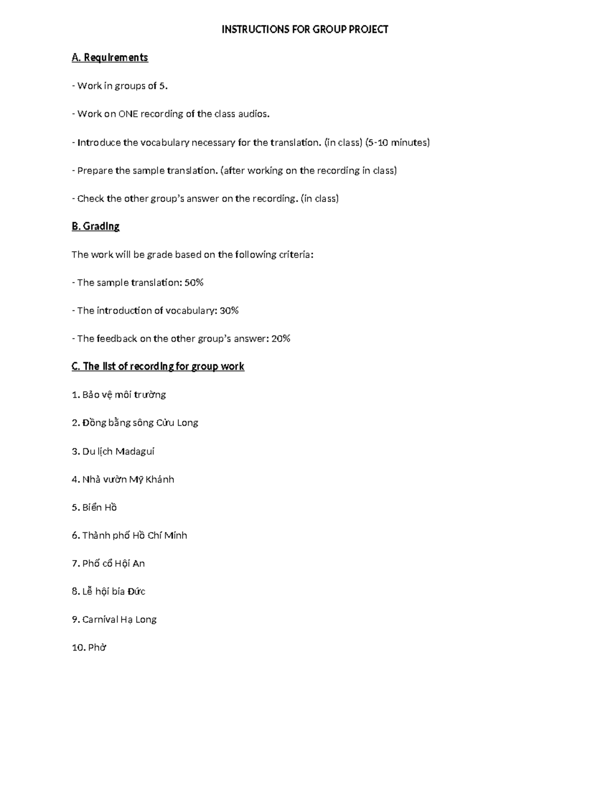 Group Project Instructions: Translation & Vocabulary Tasks - Studocu