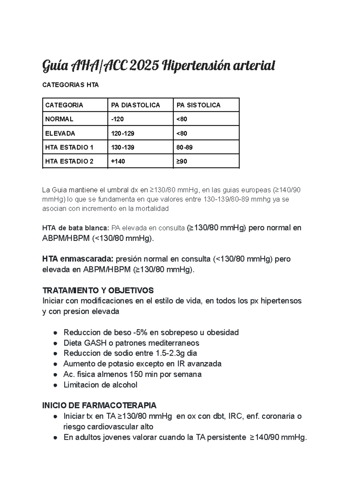 Guía AHA ACC 2025 sobre Hipertensión Arterial y Tratamientos - Studocu