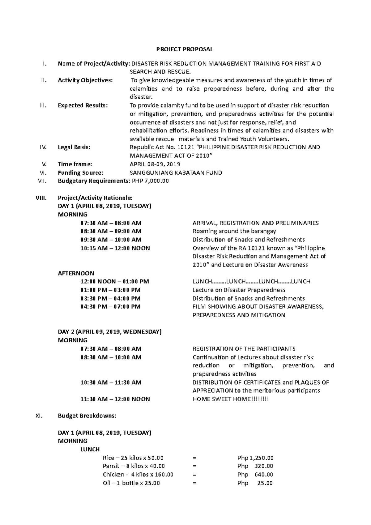 SK Project Proposal: Disaster Risk Reduction Training Plan - Studocu