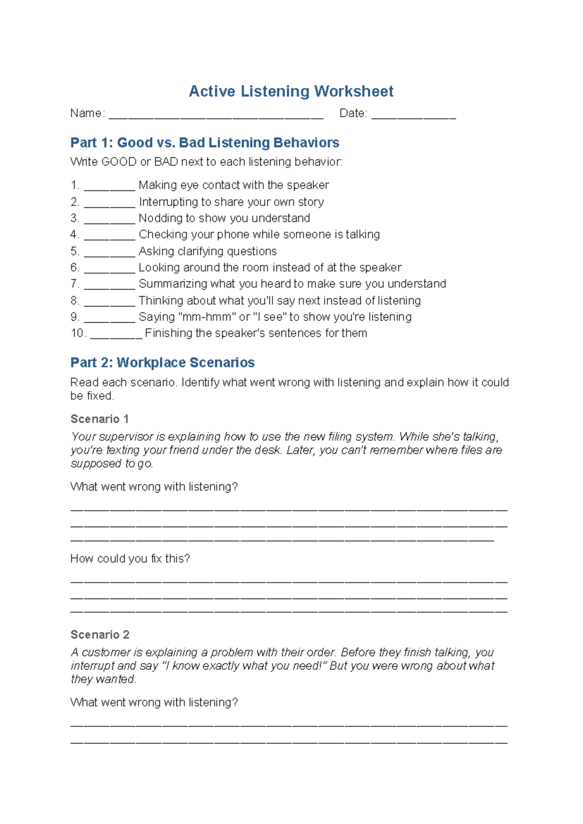 Active Listening Worksheet: Good vs. Bad Behaviors Analysis - Studocu
