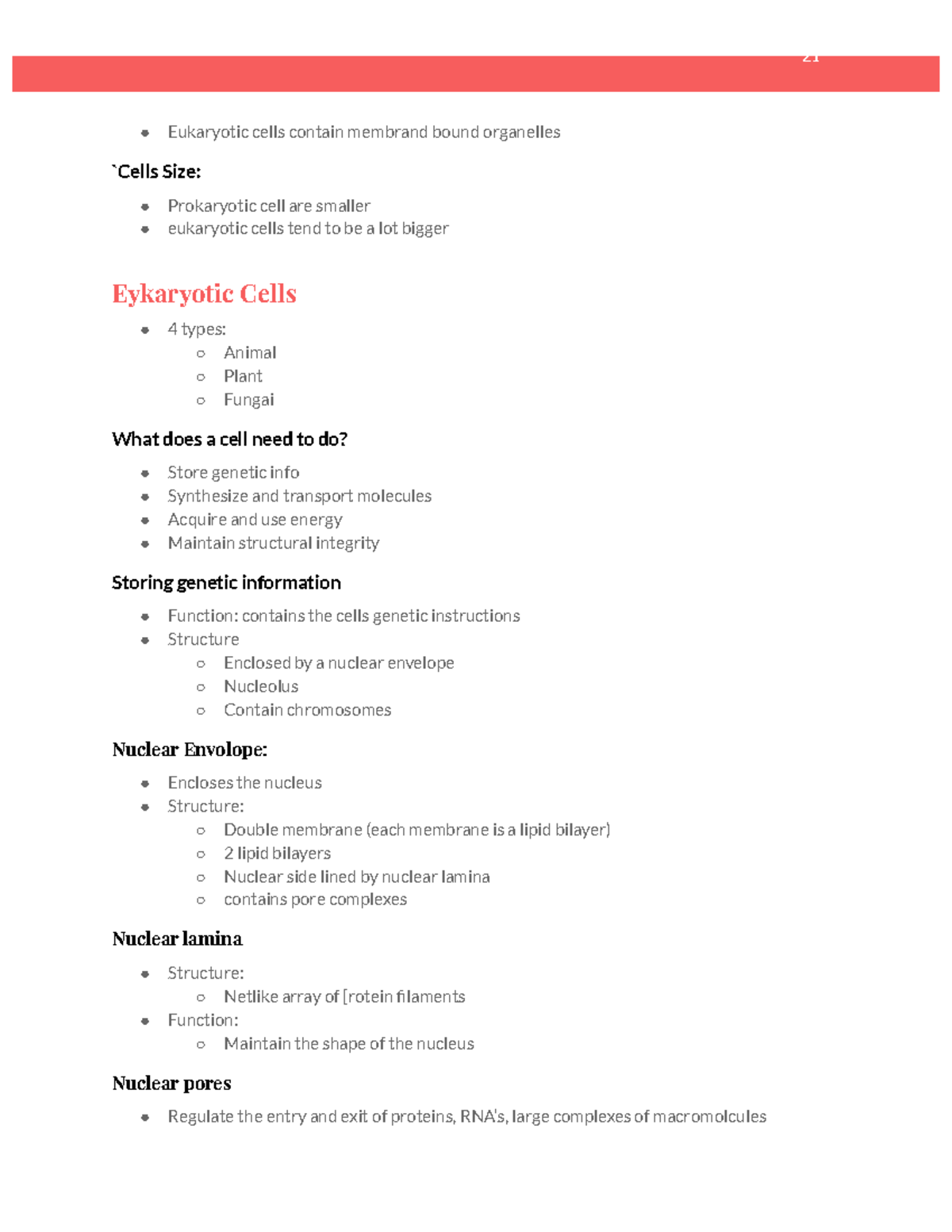 Bio notes - Gen Bio I - 21 Eukaryotic cells contain membrand bound ...