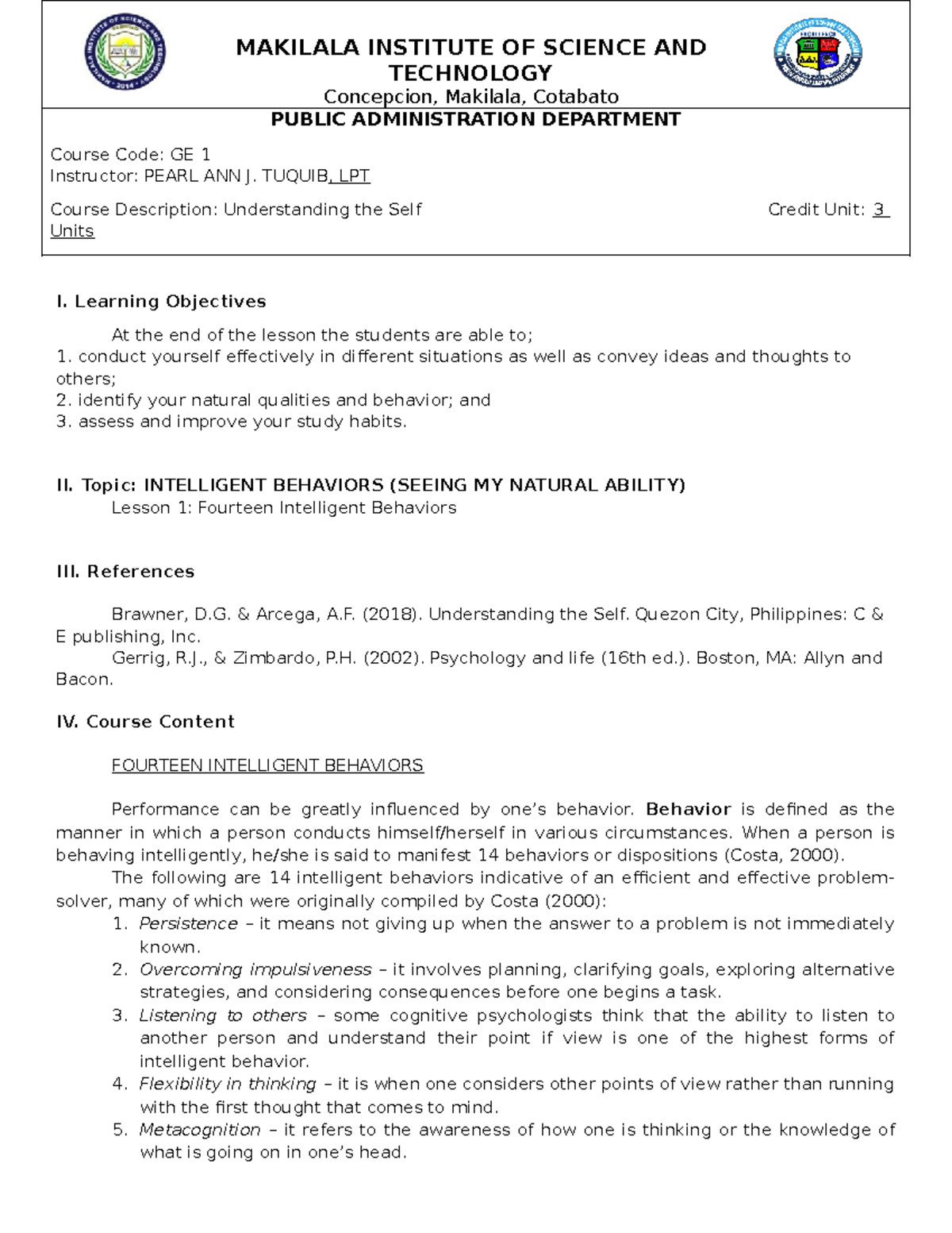 UTS - Module 4 - lecture notes - I. Learning Objectives At the end of ...