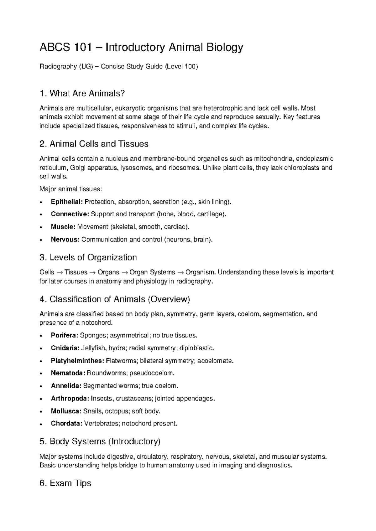 ABCS 101 – Introductory Animal Biology Study Guide - Studocu