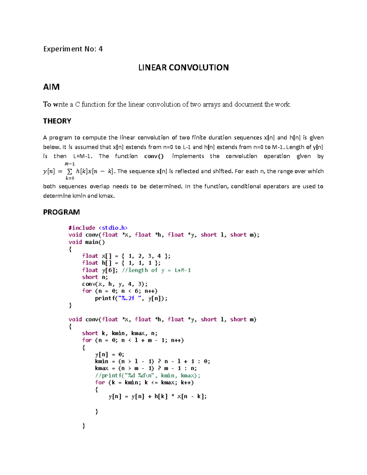 DSP Lab Manual: Exp 4 - Linear Convolution and FFT Implementation - Studocu