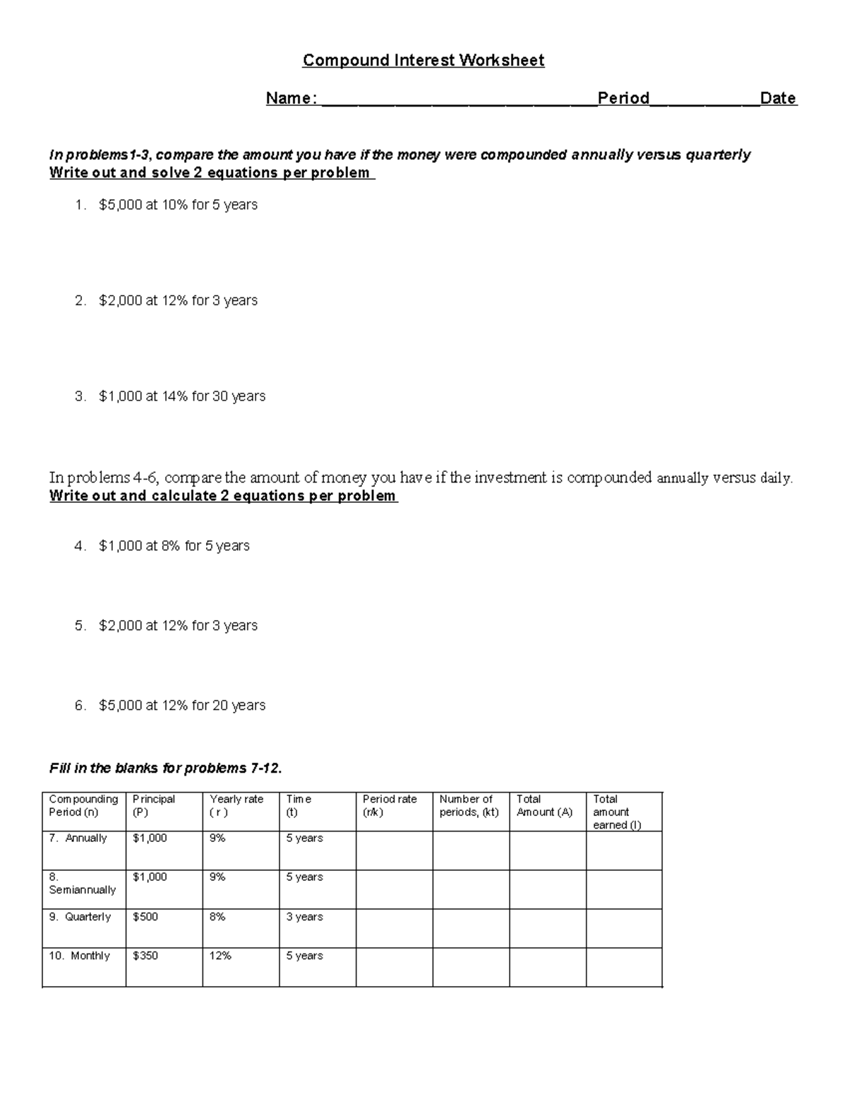 Compounded interest worksheet - Compound Interest Worksheet Name: - Studocu