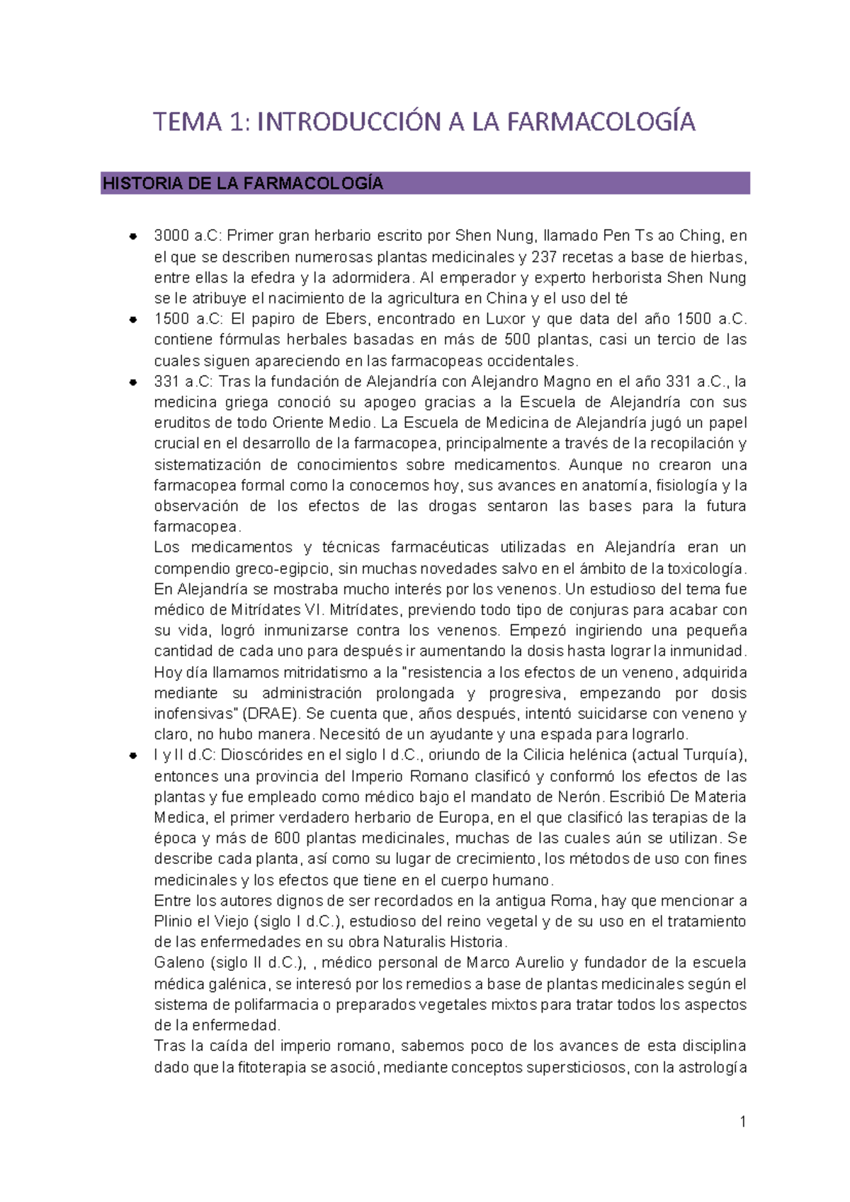 TEMA 1: INTRODUCCIÓN A LA FARMACOLOGÍA Y SU HISTORIA - Studocu