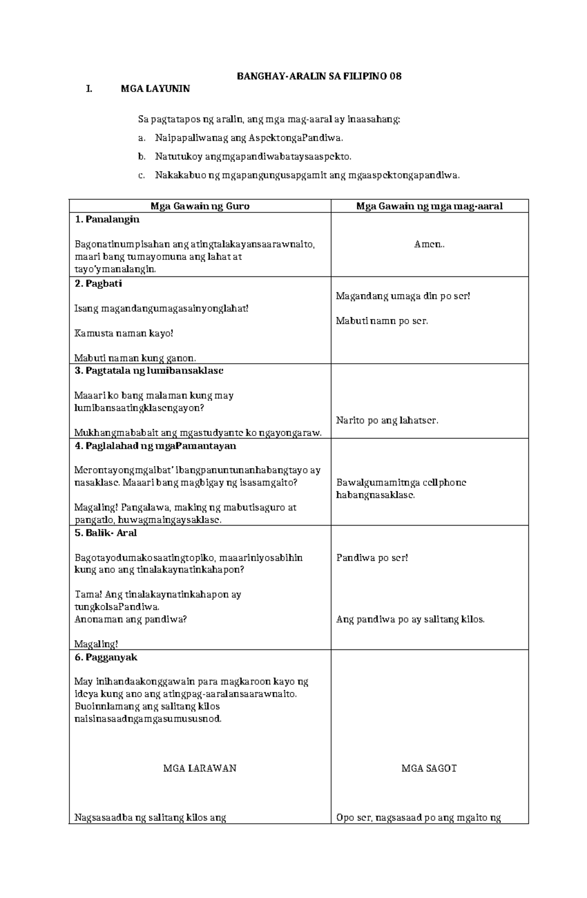 Lesson Plan: Aspekto ng Pandiwa sa Filipino 08 - Studocu