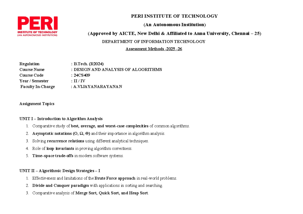II IT DAA Assessment 2025-26: Design & Analysis of Algorithms - Studocu