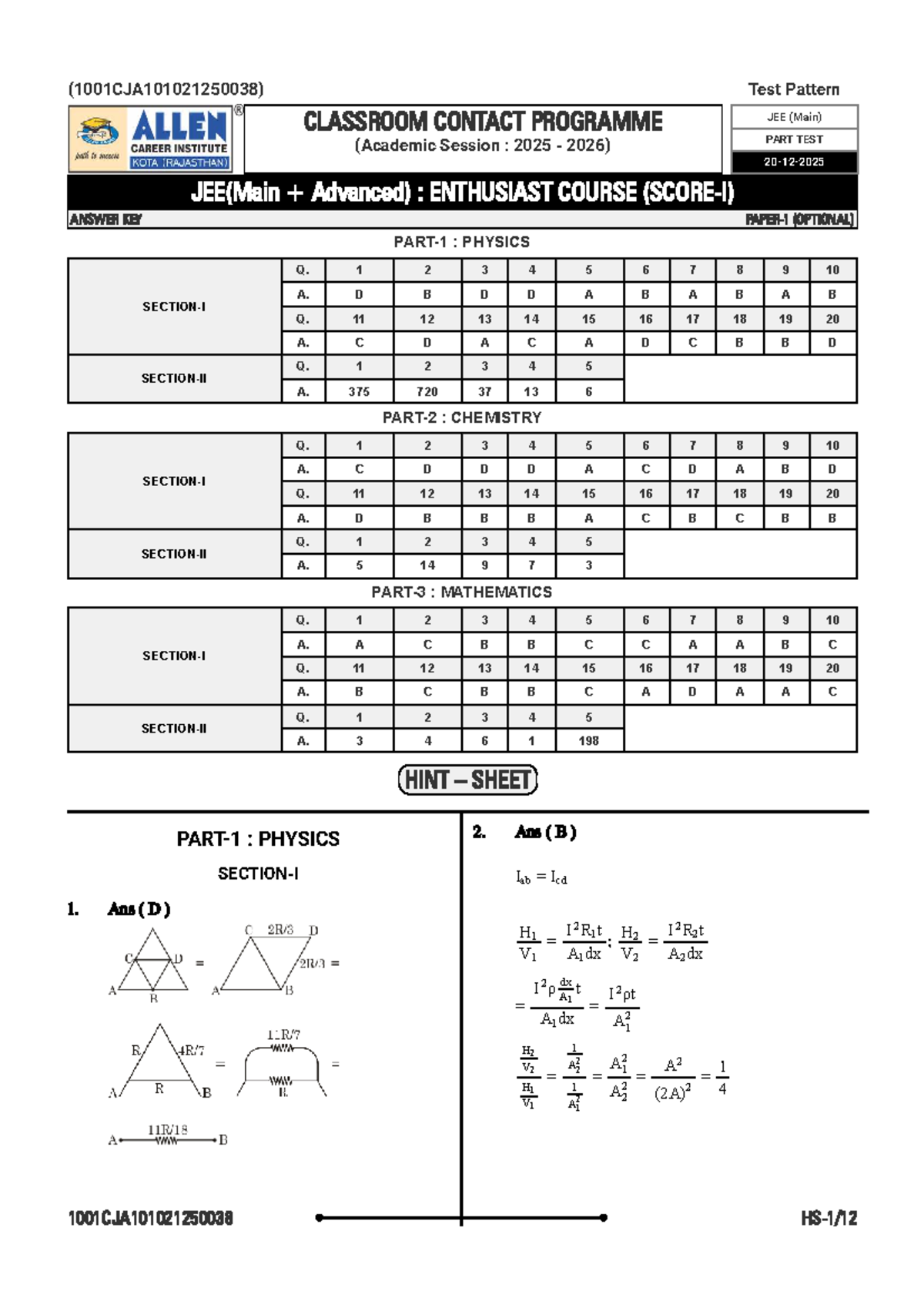 (1001CJA101021250038) JEE (Main) 2025-2026 Enthusiast Course Answer Key ...
