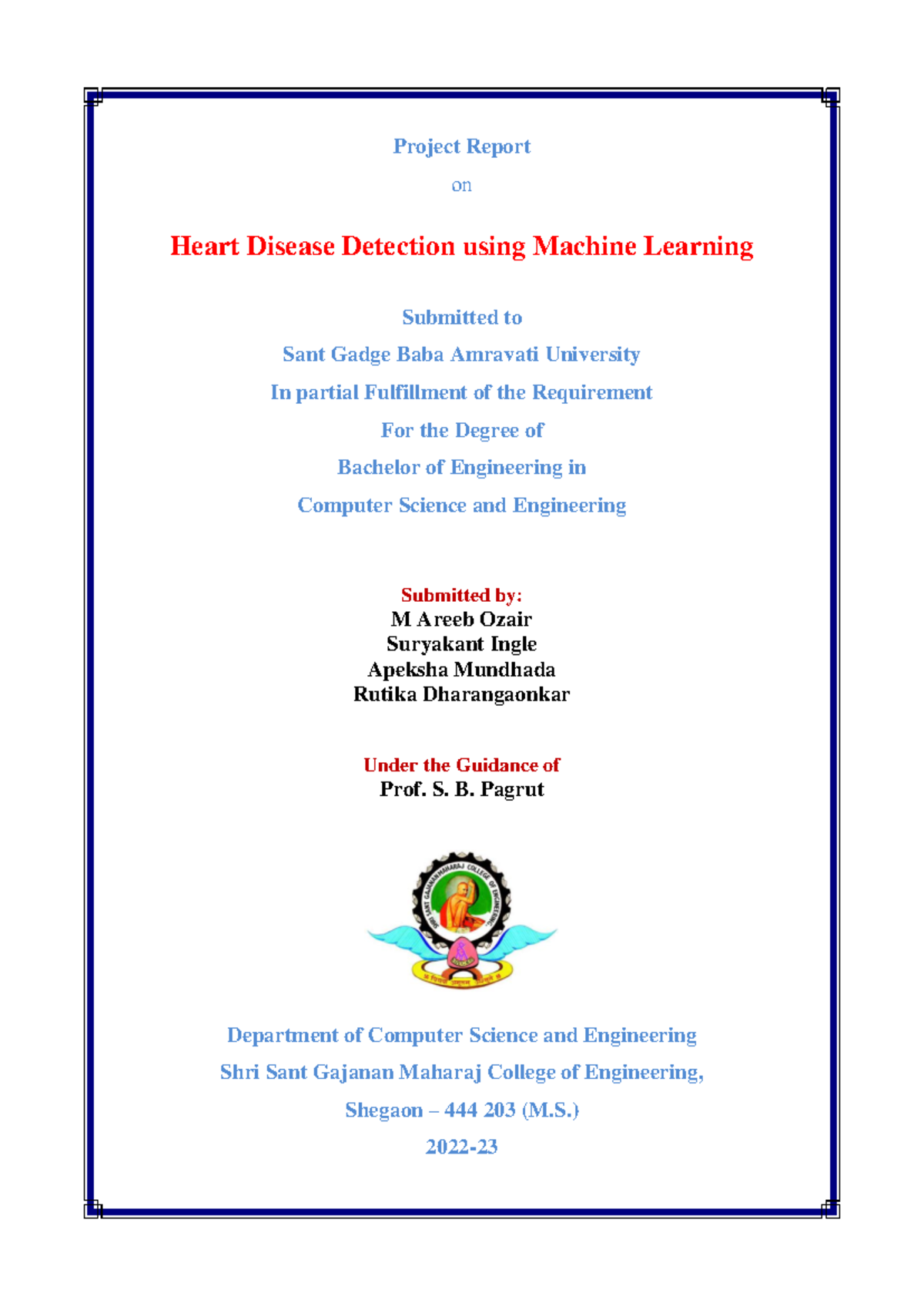 Heart Disease Detection Using ML: Project Report for BE CSE - Studocu