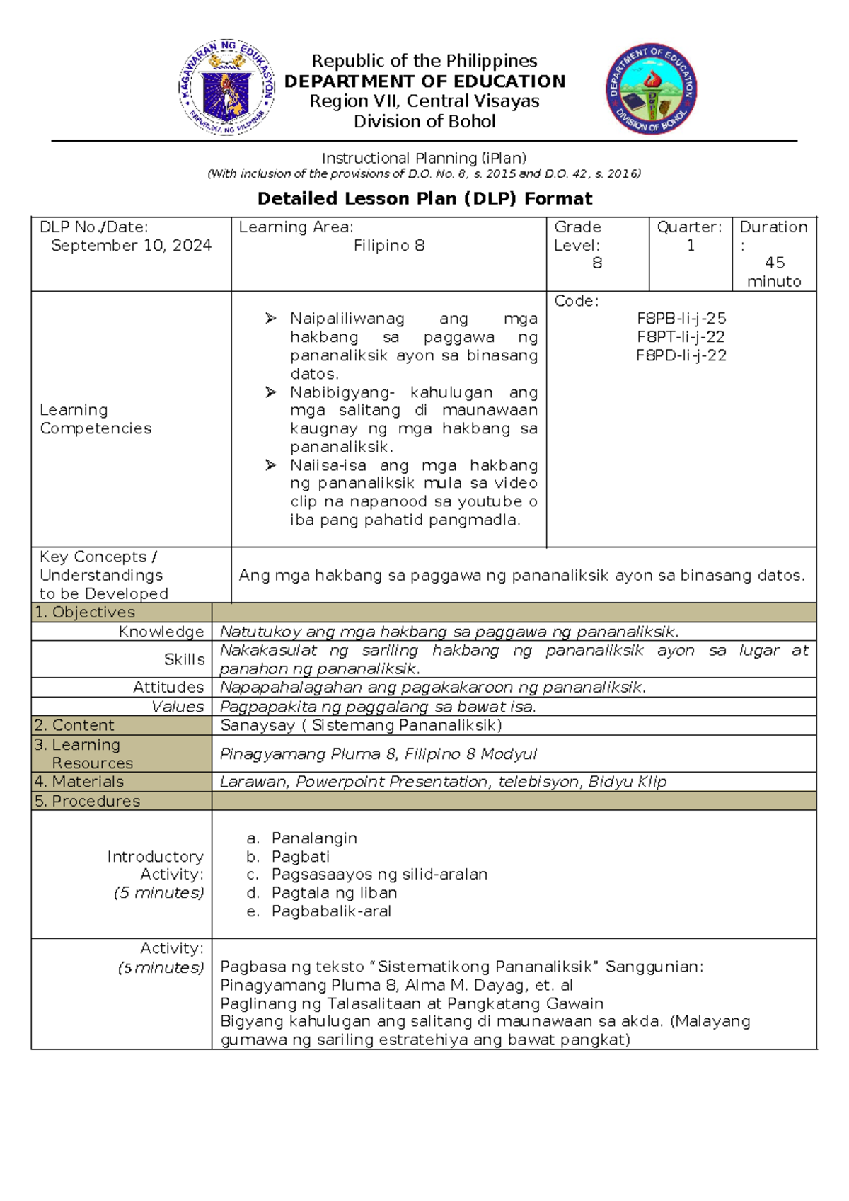 DLP for Filipino 8: Planning a Research Project (Fil8 w6 lp2) - Studocu