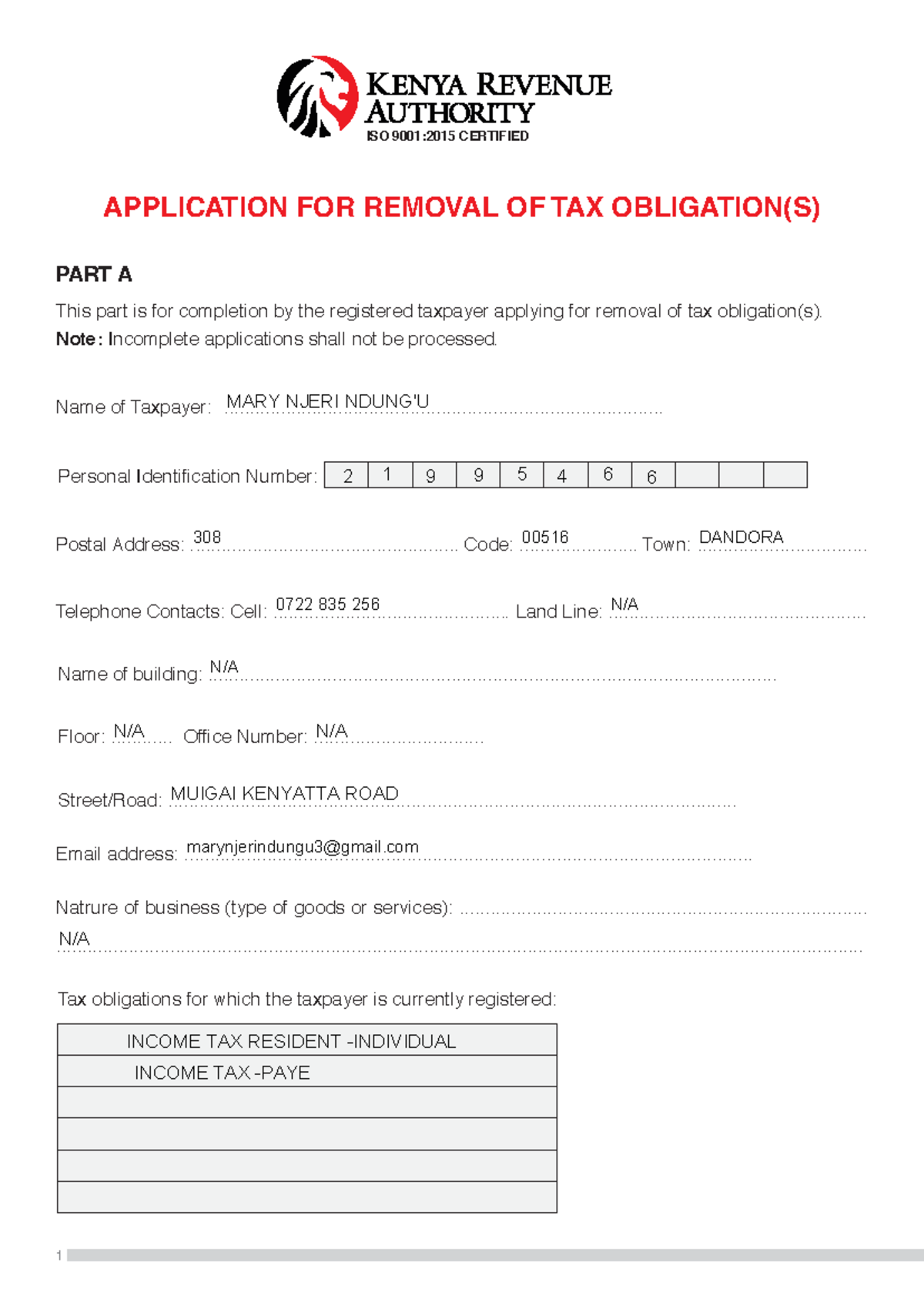 Application FOR Removal OF TAX Obligations - APPLICATION FOR REMOVAL OF ...