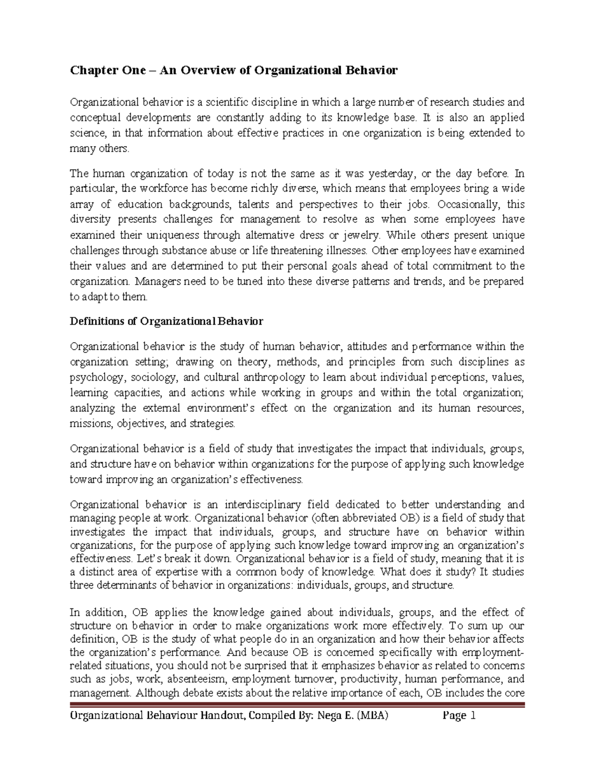 Organizational Behavior Overview: Key Concepts from Chapters 1-9 - Studocu