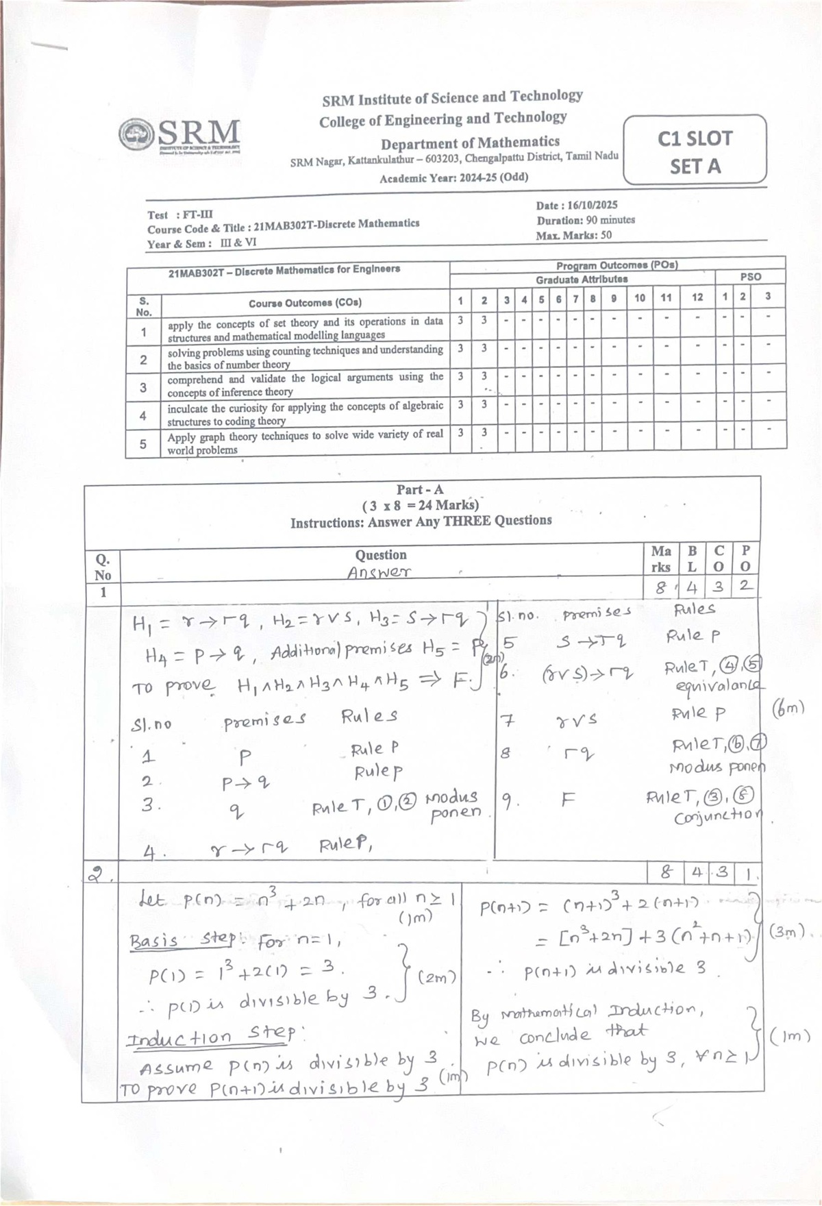 Mathematics VI Sem 21MAB302T Discrete Math Test Set A Answer Key - Studocu
