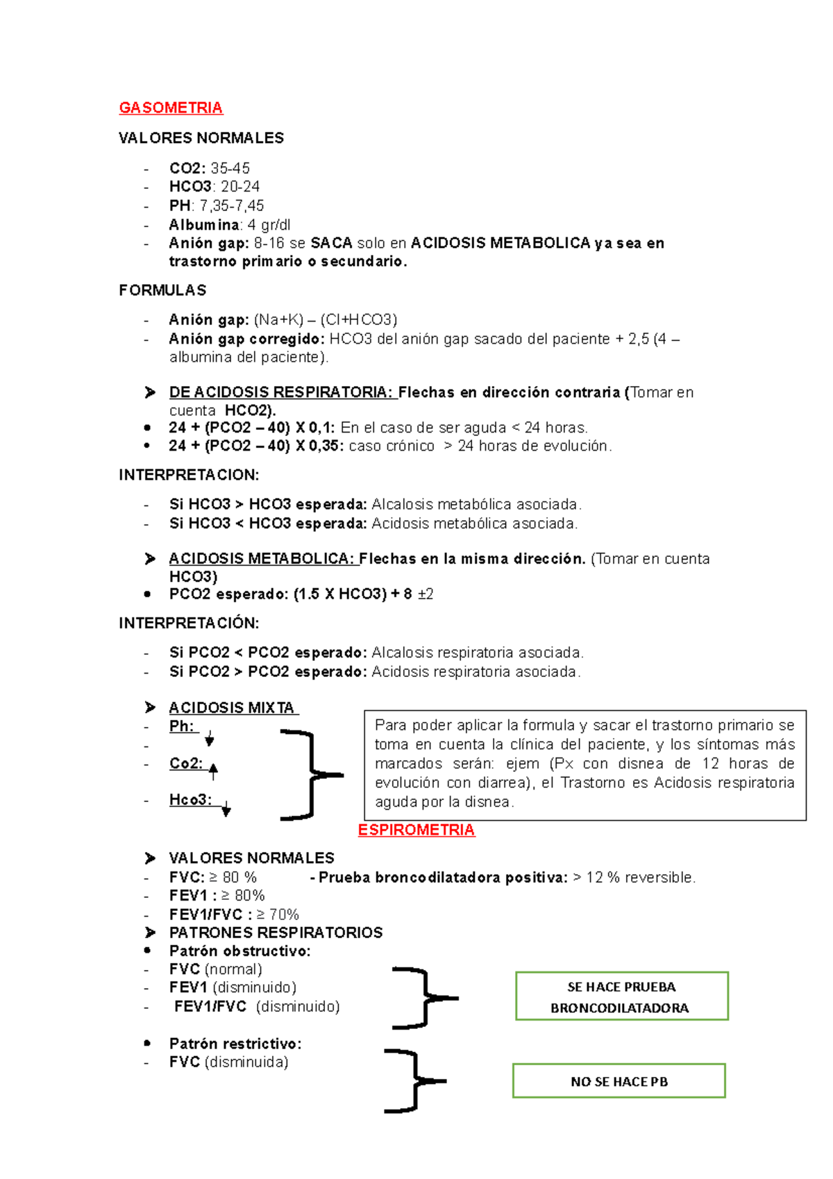 Formulas DE Gasometria Y Espirometria - GASOMETRIA VALORES NORMALES ...