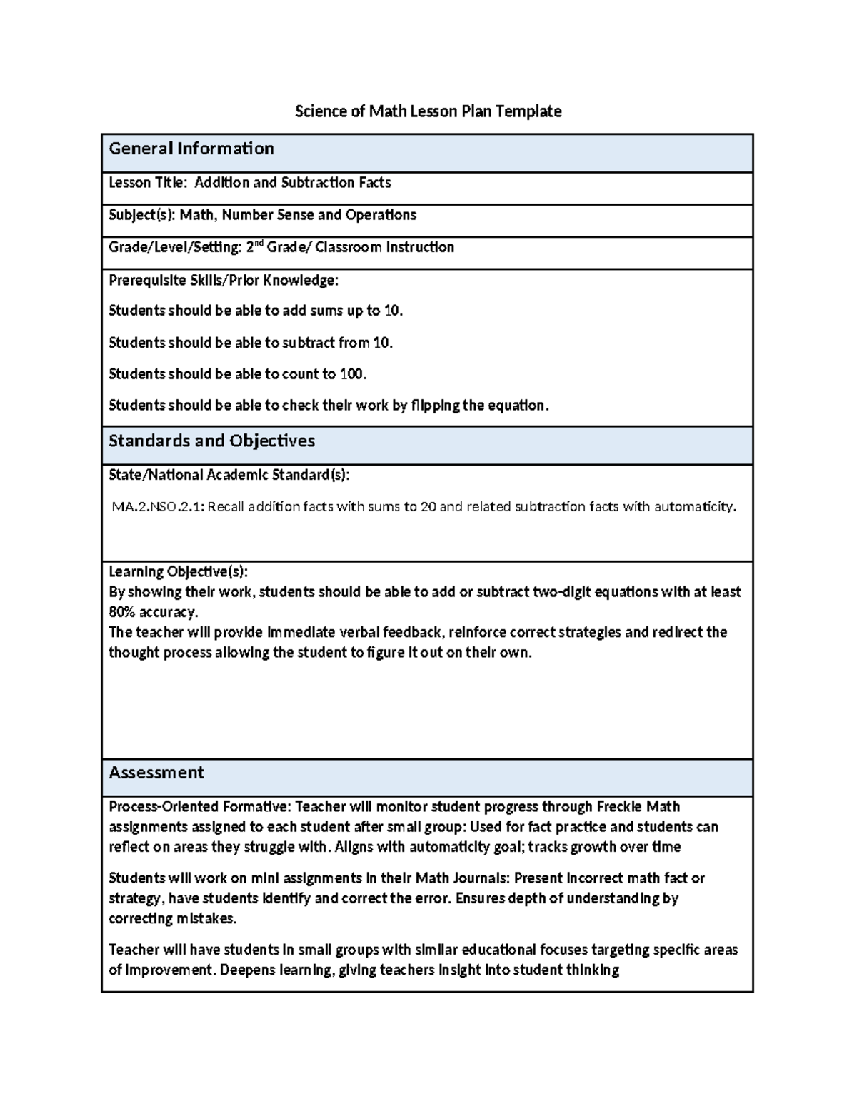 Math Lesson Plan: Addition & Subtraction Facts (MA.2.NSO.2.1) - Studocu