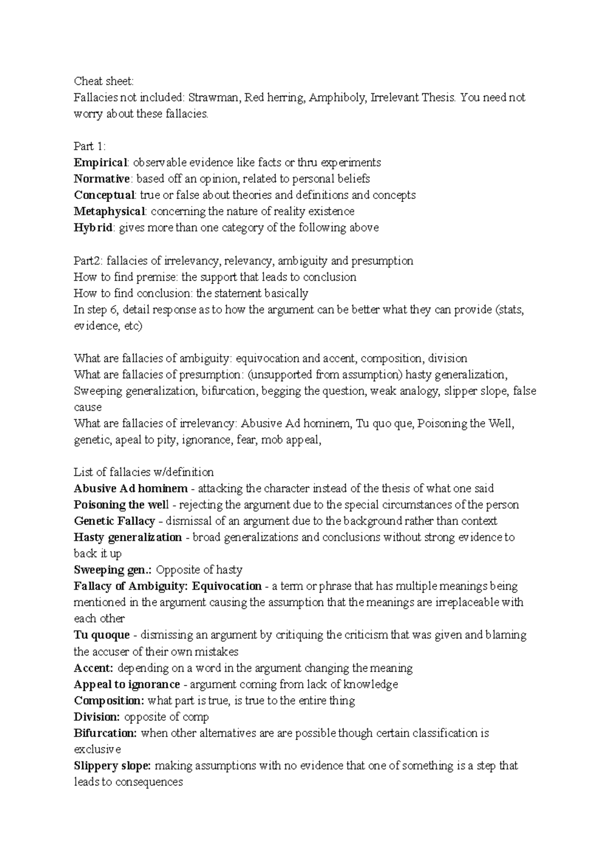 Cheat sheet - Cheat sheet: Fallacies not included: Strawman, Red ...