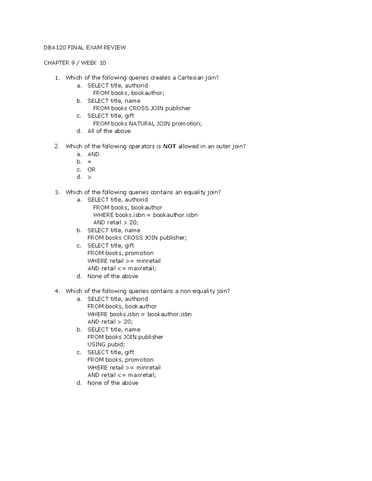 DBA 120 Final Exam Review Questions and Answers - DBA120 FINAL EXAM ...