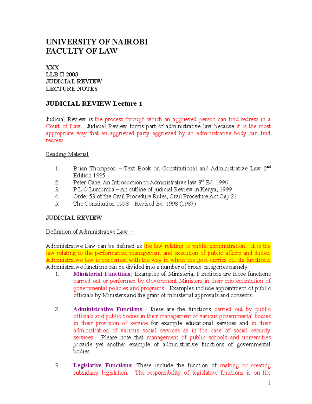 LLB II - Judicial Review Lecture Notes 1: Overview and Concepts - Studocu