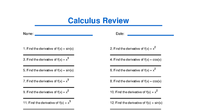 Calculus Review (MATH 101) - Derivatives Practice & Solutions - Studocu