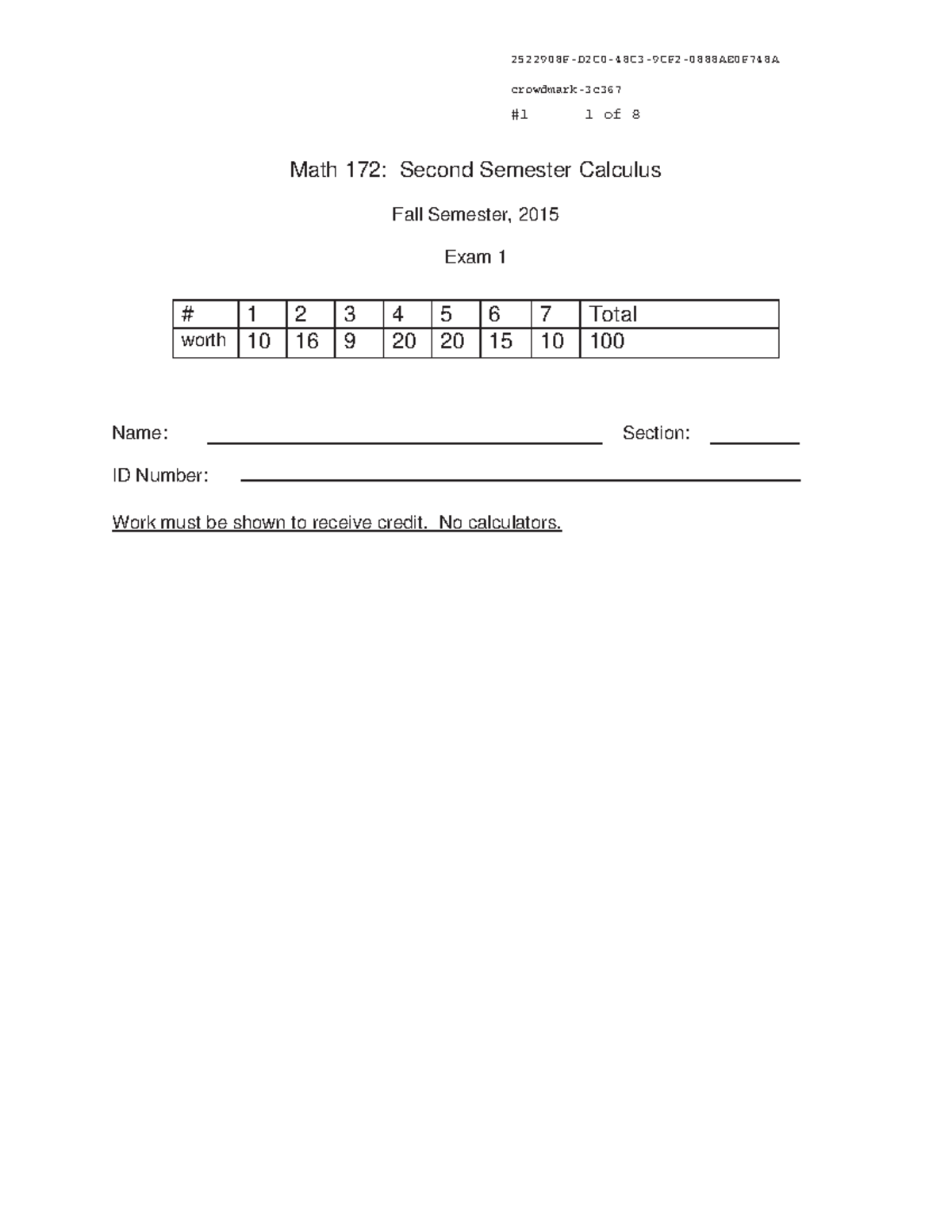Math 172: Fall 2015 Second Semester Calculus Exam 1 Answers - Studocu