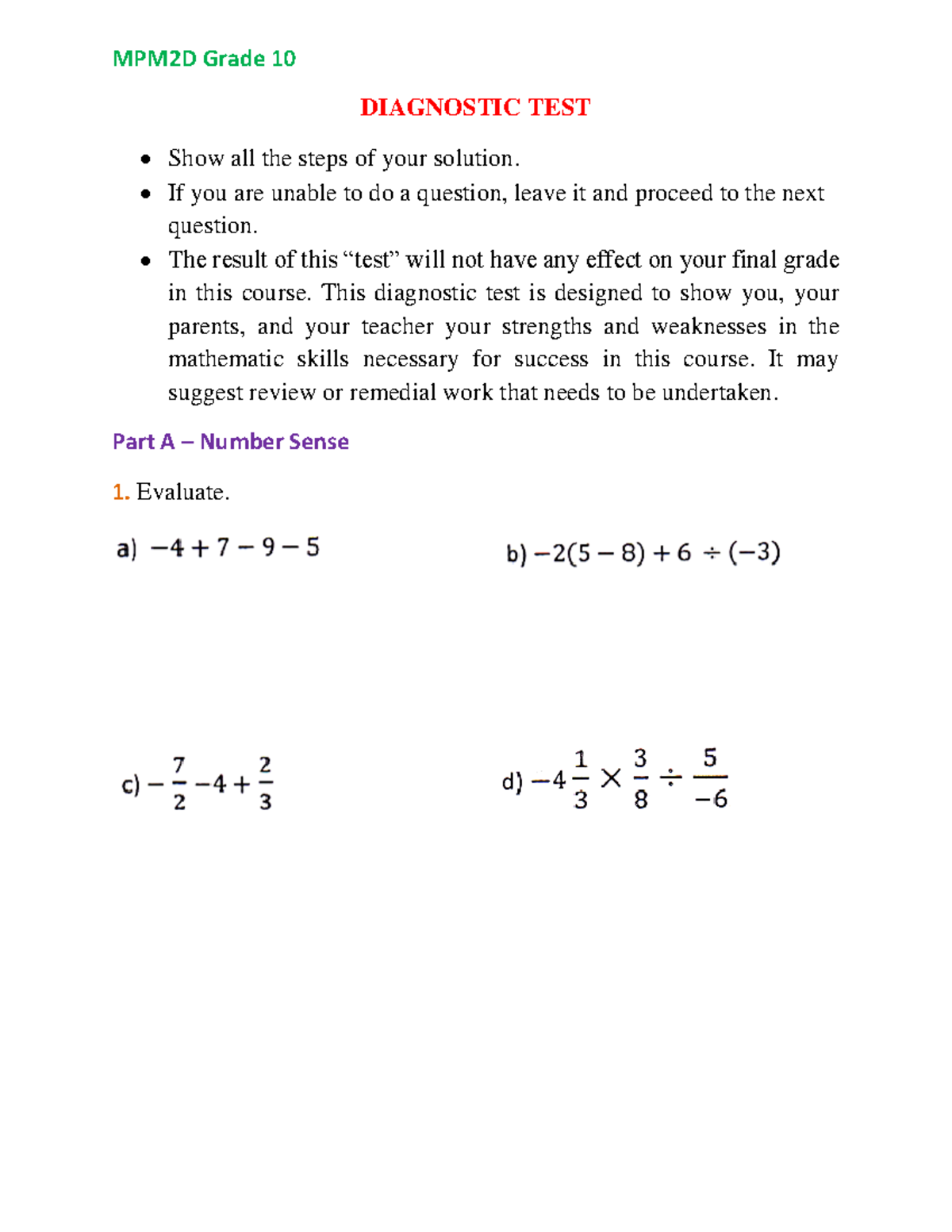 Feb 4 – grade 10 diagnostic assignment - MPM2D Grade 10 DIAGNOSTIC TEST ...