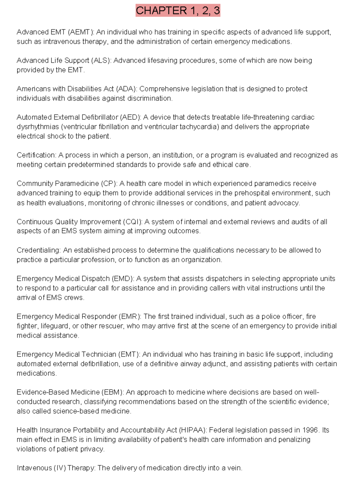 AEMT Chapter Key Terms and Medical Terminology Overview - Studocu