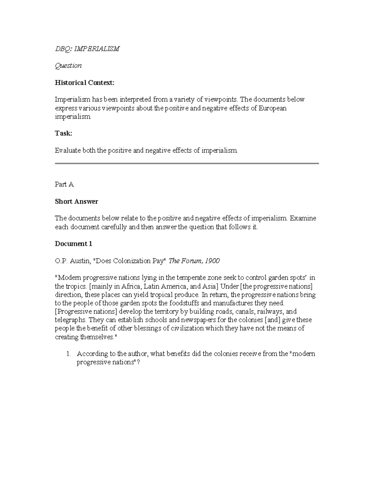 Imperialism DBQ - Analyzing Its Positive and Negative Impacts - Studocu