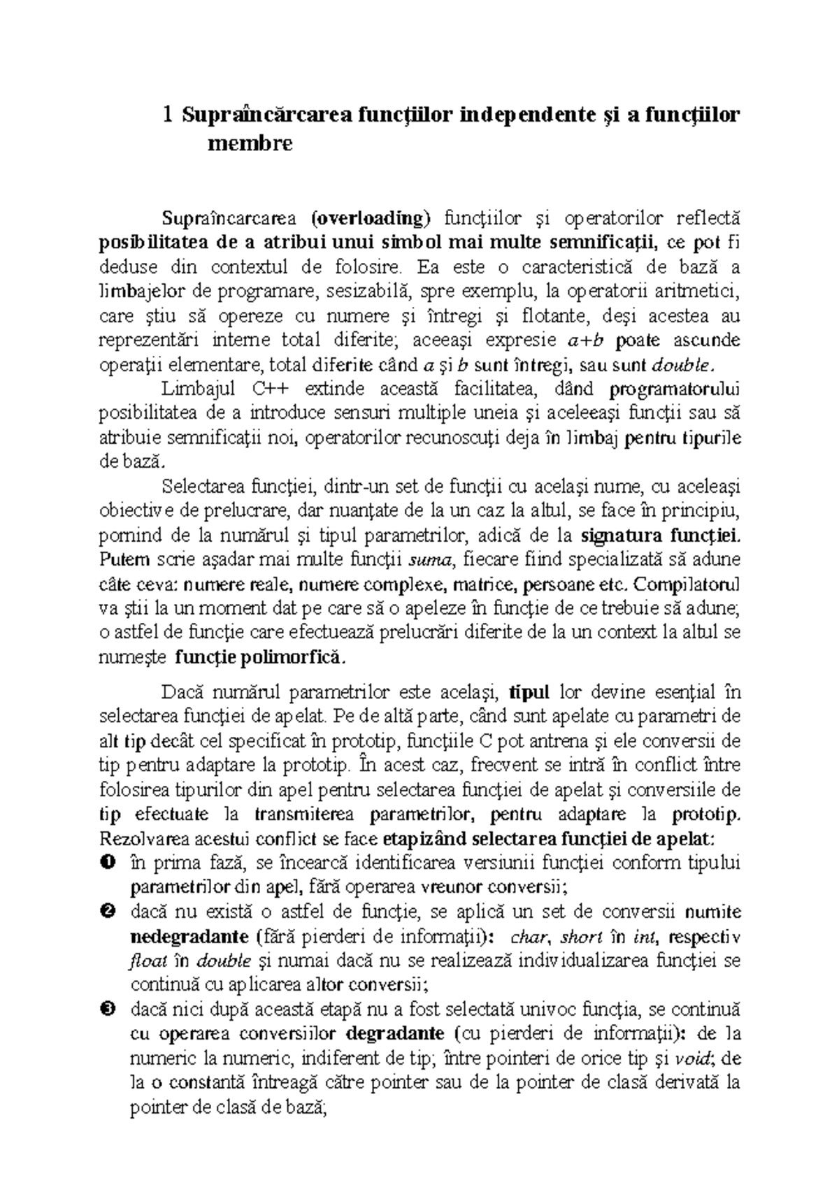 Supraîncărcarea Funcțiilor și Operatorilor în POO - Curs 1 - Studocu