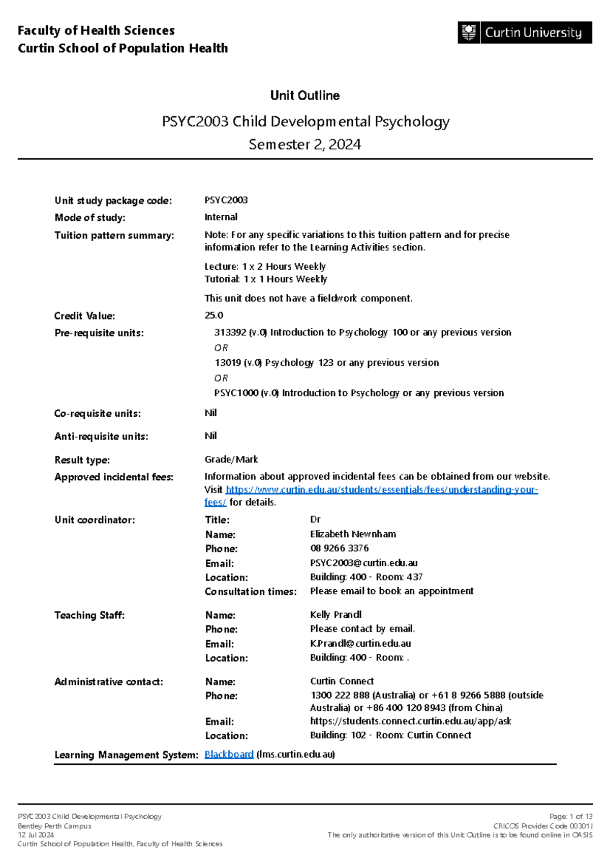 PSYC2003 Child Developmental Psychology Unit Outline - Semester 2, 2024 ...