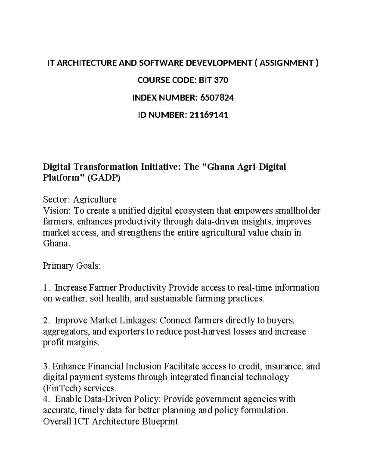 BIT 370 Assignment: Digital Transformation in Agriculture Architecture - Studocu