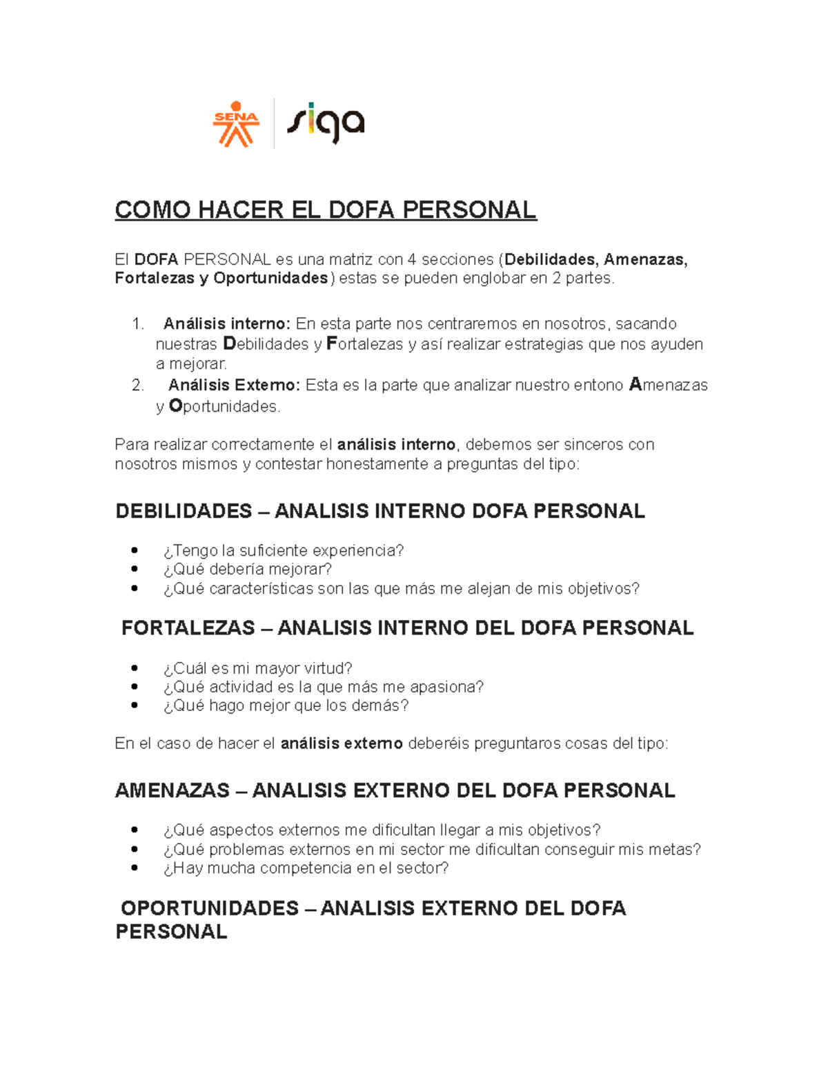 Analisis DOFA de la actividad - COMO HACER EL DOFA PERSONAL El DOFA ...