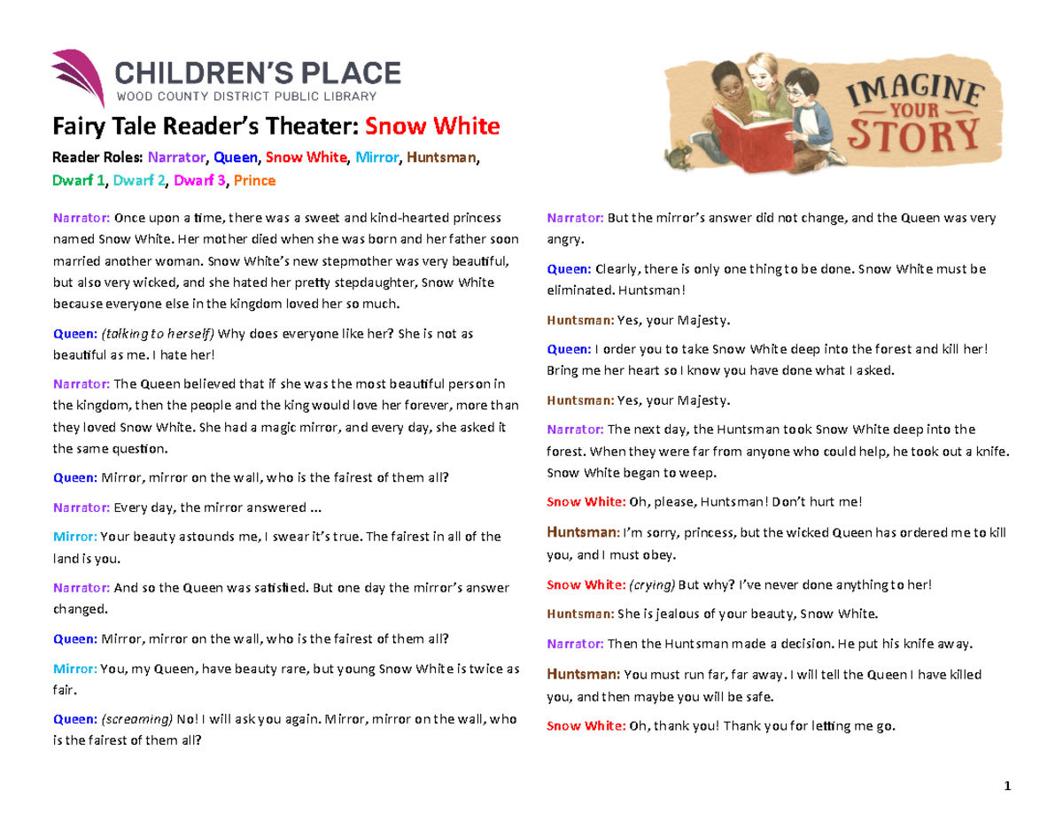 Snow White and the Seven Dwarfs Readers Theatre - 1 Fairy Tale Reader’s ...