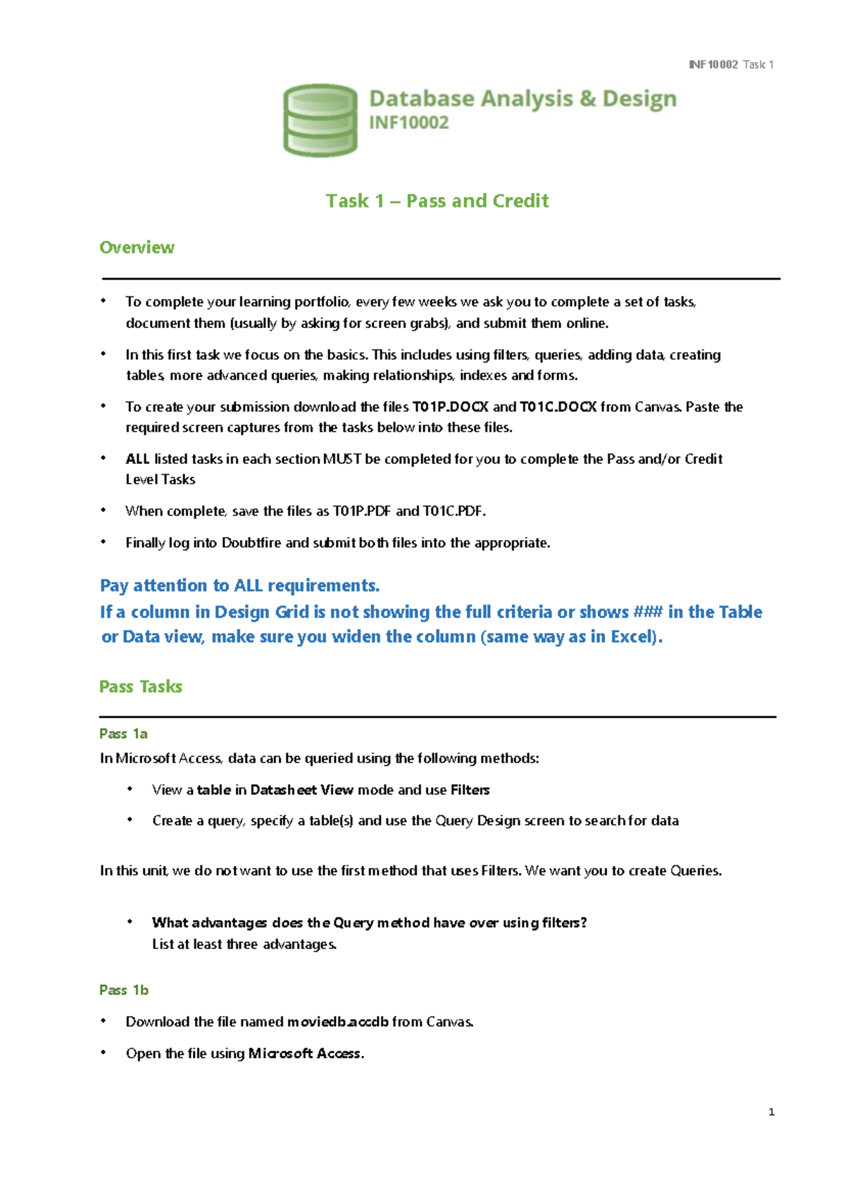 INF10002 Week 1 Tasks: Access Queries, Data Organization & Submission ...