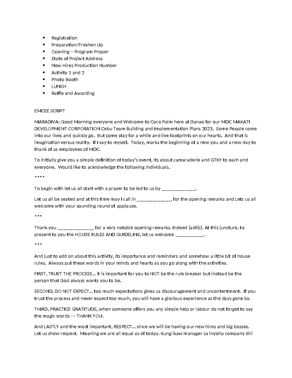 MDC 2023 Team Building - Emcee Script for Event Coordination - Studocu