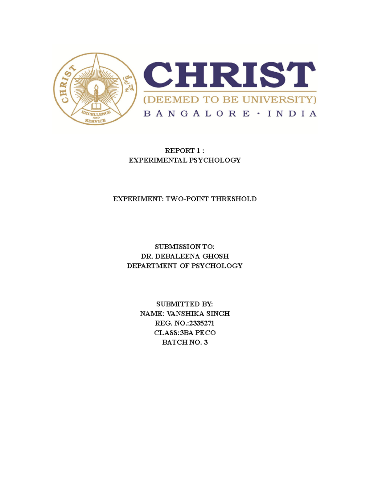 Experimental Psychology Report 1: Two-Point Threshold Analysis - Studocu