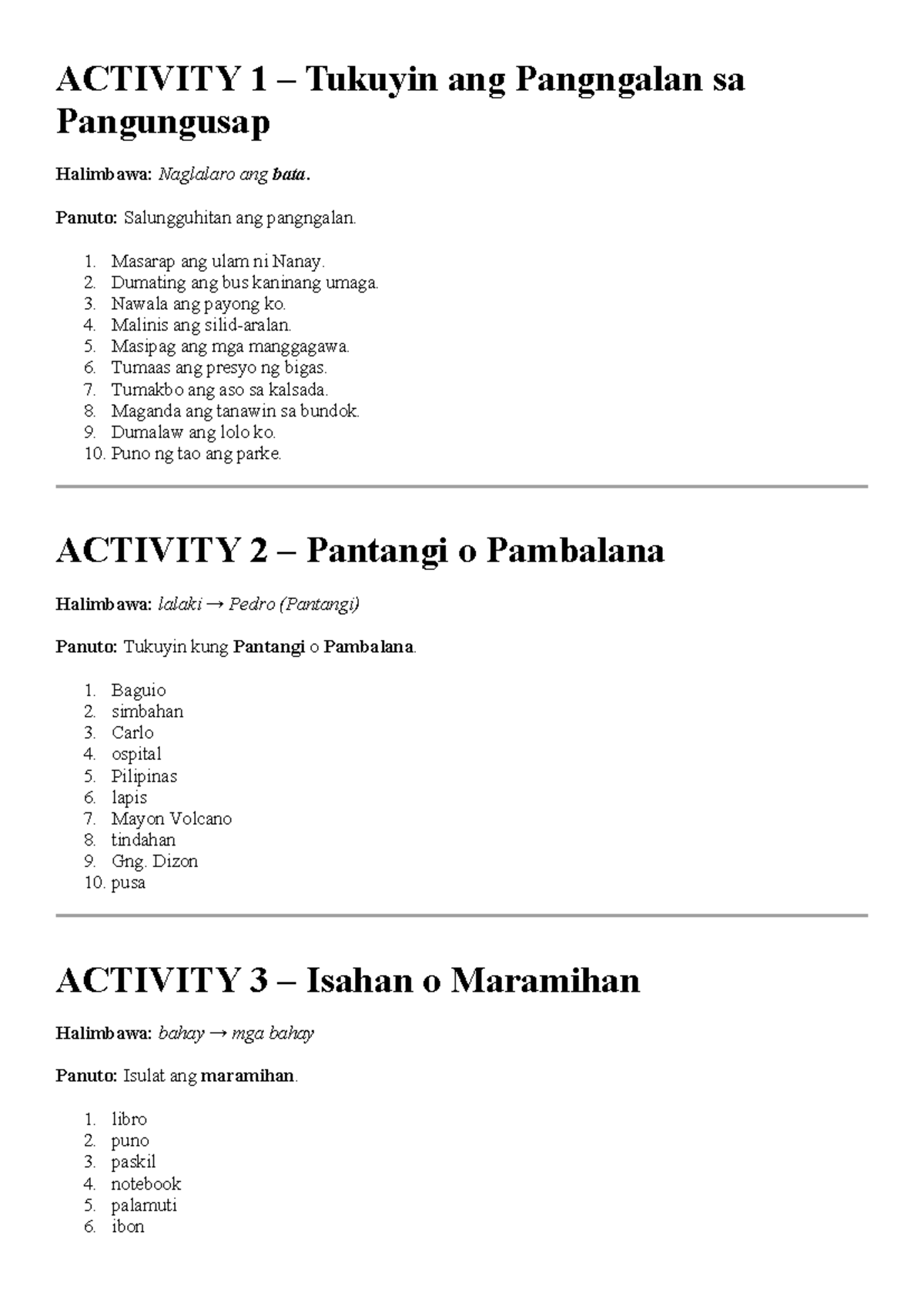 ACTIVITY 1: Tukuyin ang Pangngalan sa Pangungusap - Studocu