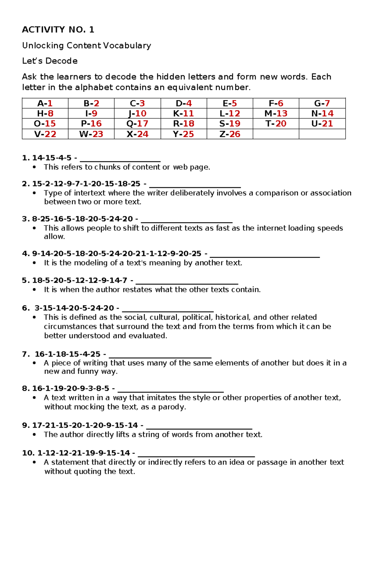 Activity- Numeracy & Literacy - ACTIVITY NO. 1 Unlocking Content ...