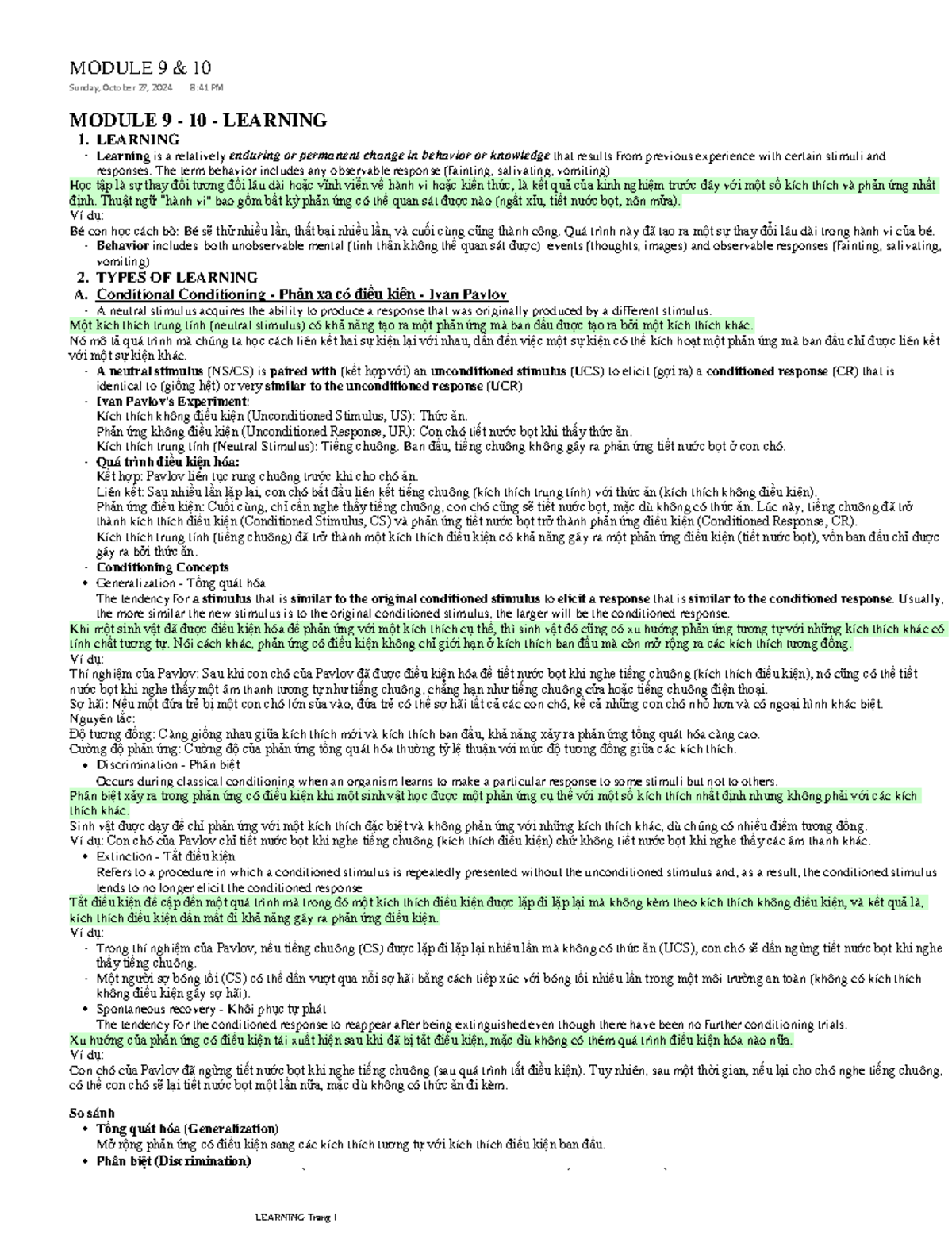 Module 9 & 10 - Note - MODULE 9 - 10 - LEARNING 1. LEARNING Learning is ...