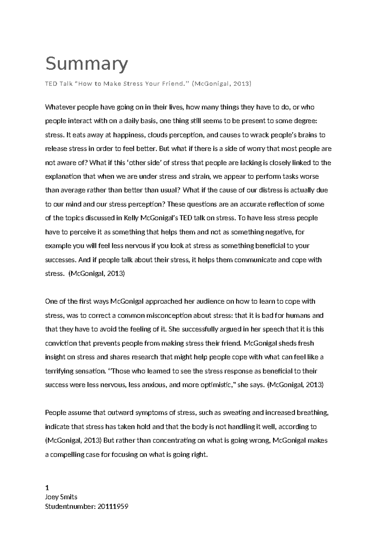 Summary of TED Talk: Make Stress Your Friend (McGonigal, 2013) - Studocu