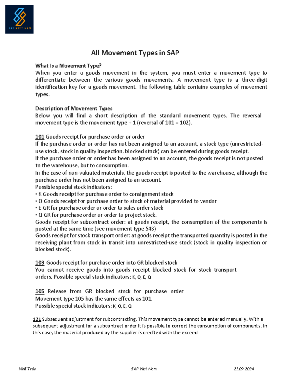 SVN Movement Types Overview in SAP: Key Identifiers and Descriptions ...