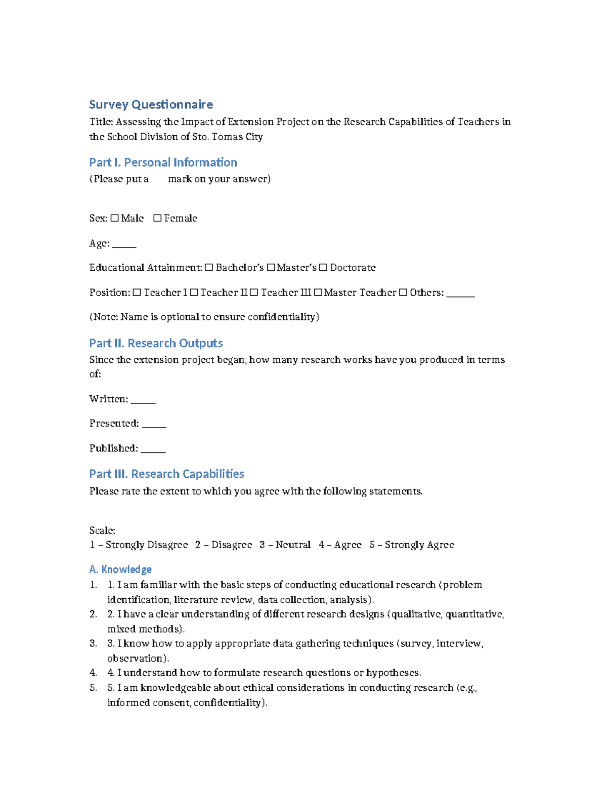 Survey Questionnaire: Impact of Extension Project on Teachers' Research ...