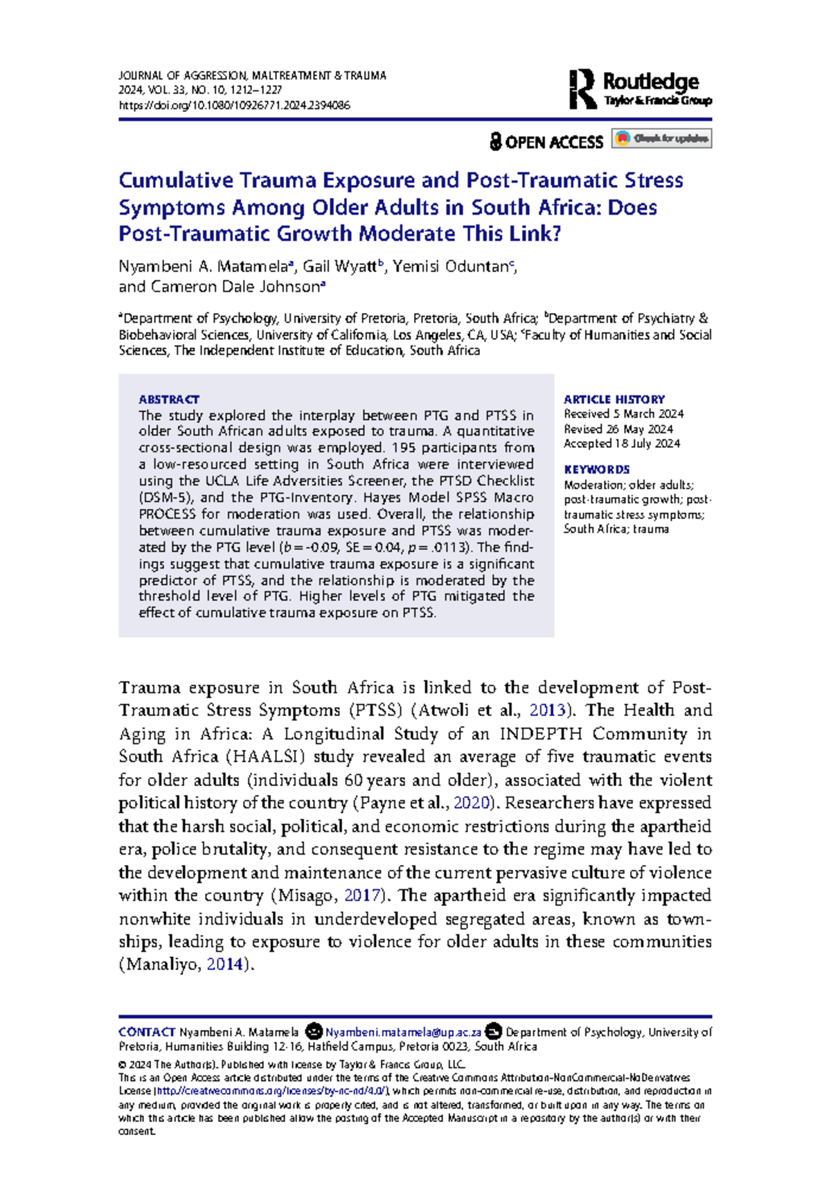 CUMULATIVE TRAUMA Exposure & Post-Traumatic Stress in Older Adults ...