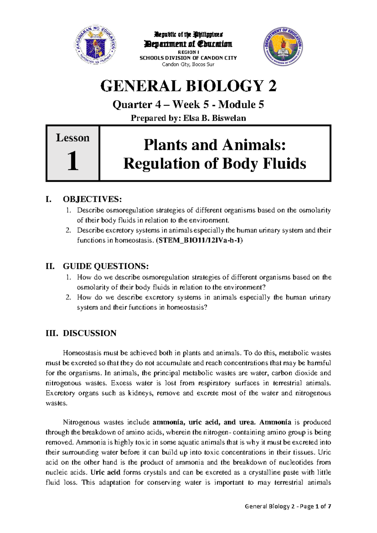 General Biology 2 Q4 W5 M5 Lesson: Osmoregulation in Plants & Animals ...