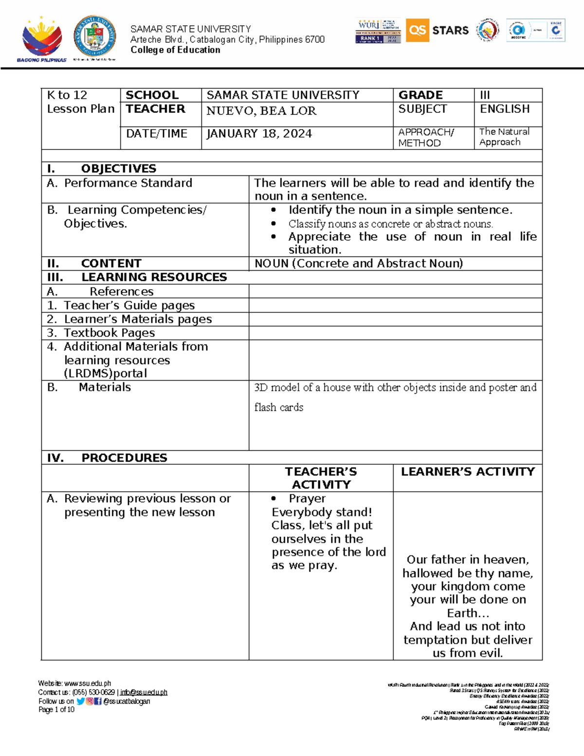 Natural Approach: Lesson Plan for Grade III English (ENG 101) - Studocu