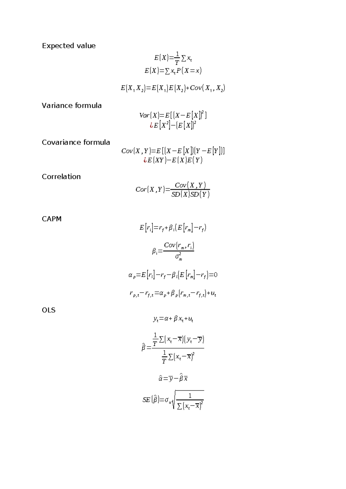 ECMT 2130 Formula Sheet: Expected Value, Variance, and CAPM - Studocu